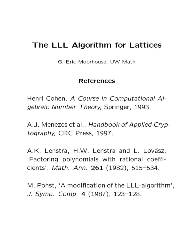 The Lll Algorithm For Lattices Gebraic Number Theory Springer 1993 Pdf Basis Linear