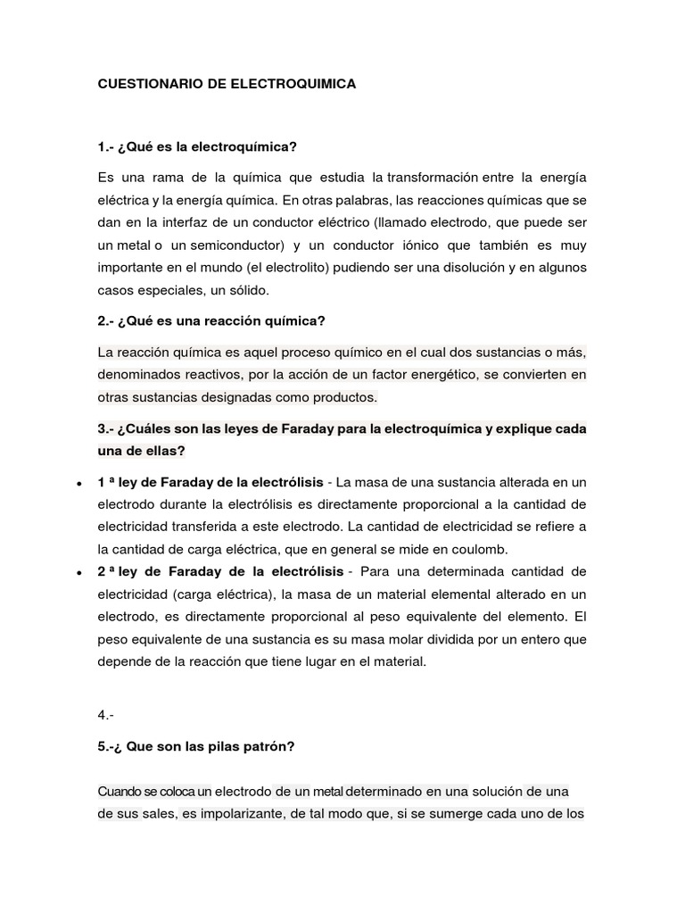 Cuestionario de Electroquimica | PDF | Redox | Electrodo
