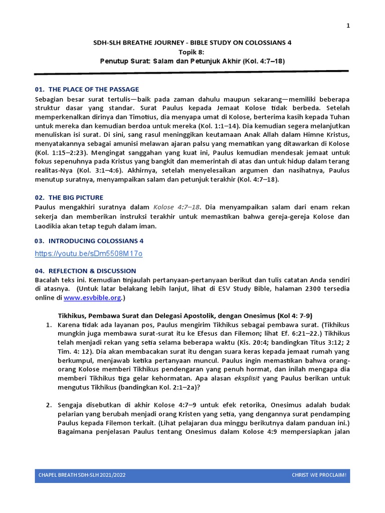 SDH-SLH Breathe Journey - Bible Study On Colossians 4 Topik 8 | PDF | Agama & Spiritualitas