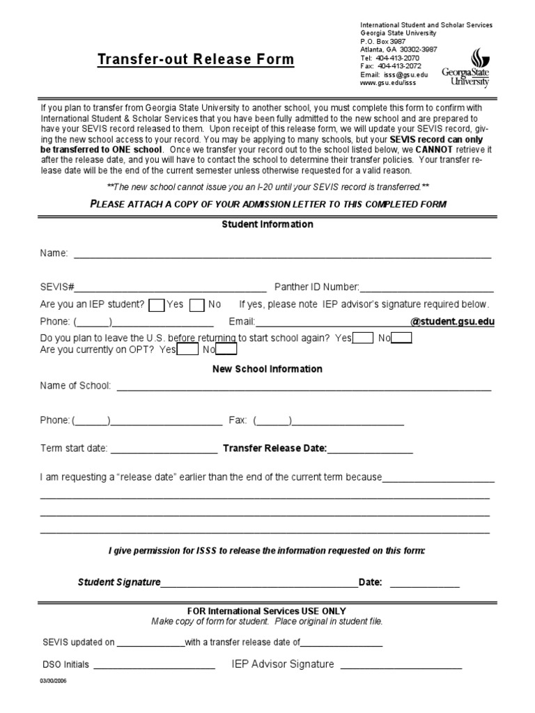 Transfer-Out Release Form: The New School Cannot Issue You An I-20 Until Your SEVIS Record Is ...