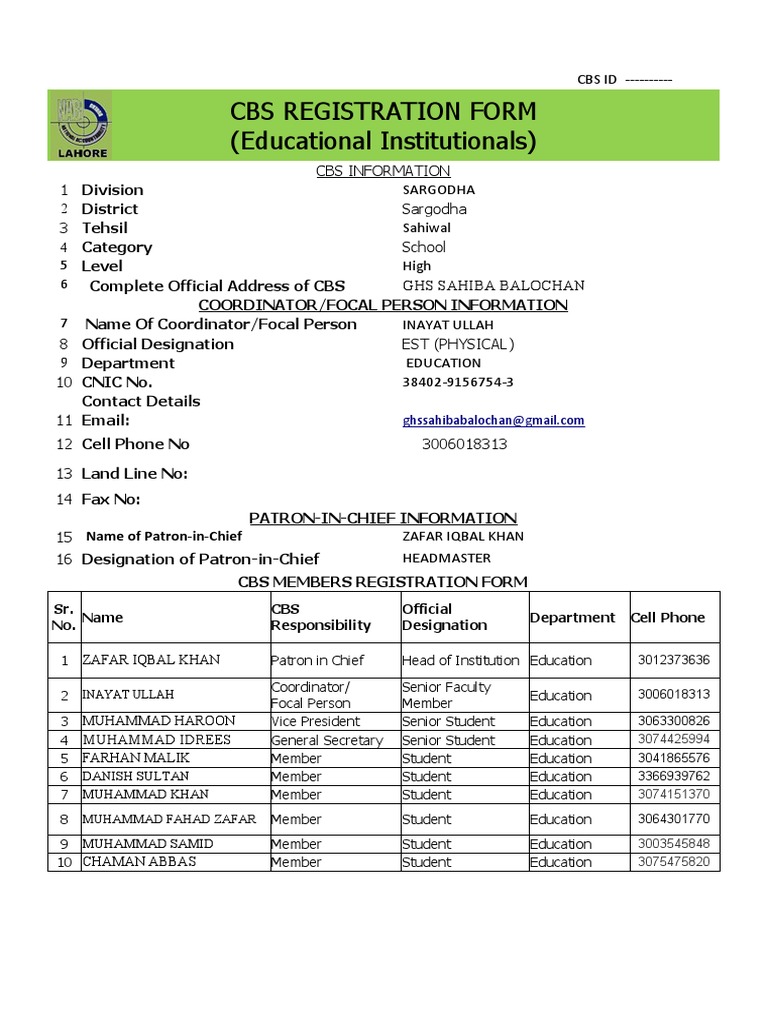 Cbs Registration Form (Educational Institutionals) | PDF