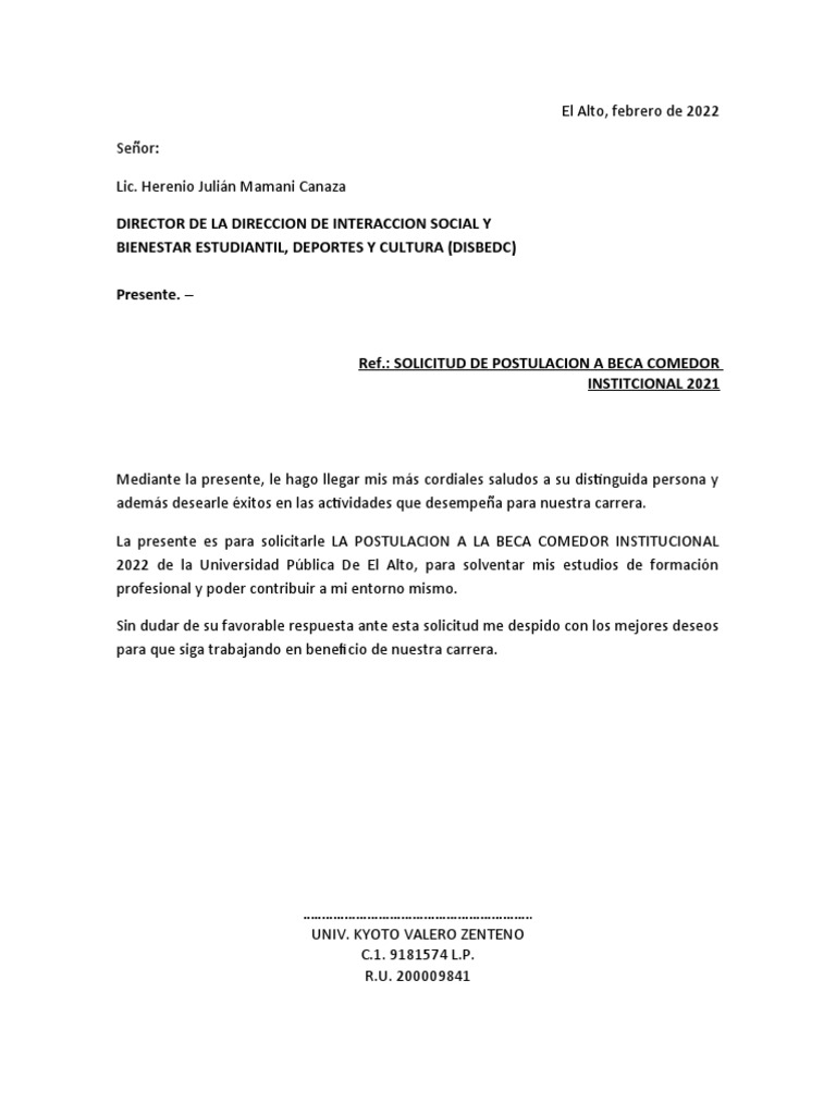 Carta de Solicitud para Beca Comedor | PDF