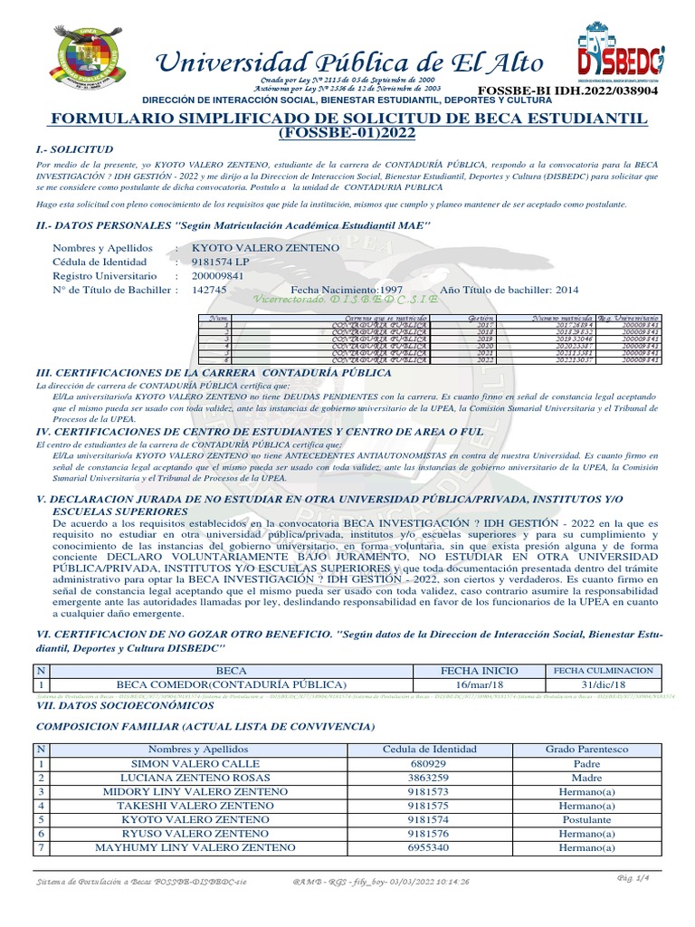 Universidad Pública de El Alto: Formulario Simplificado de Solicitud de ...