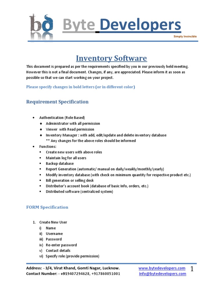 Inventory Management System Requirements Specification | PDF | User (Computing) | Databases