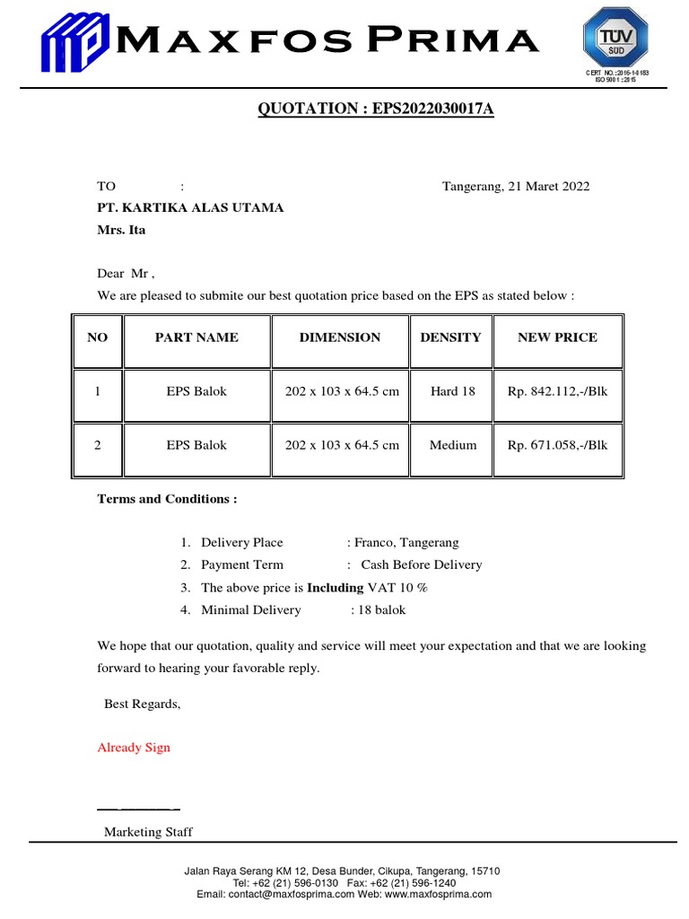 Quotation Balok H18. MD 2 MTR 2022030017A R1 | PDF