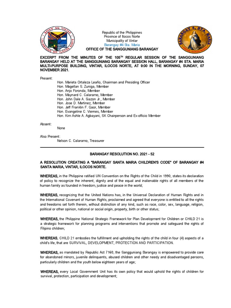 Barangay Resolution No. 2021 - 52 (Children Code) | PDF | Obscenity ...