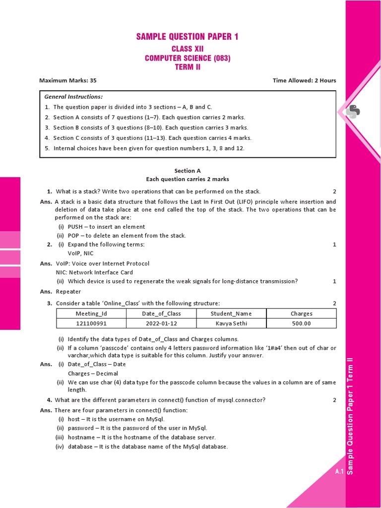 Sample Question Paper 1: Class Xii Computer Science (083) Term Ii | PDF | Computer Network ...