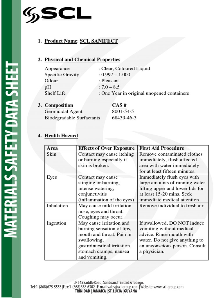 Sanifect Disinfectant-Sanitizer MSDS | PDF | Water | Occupational ...