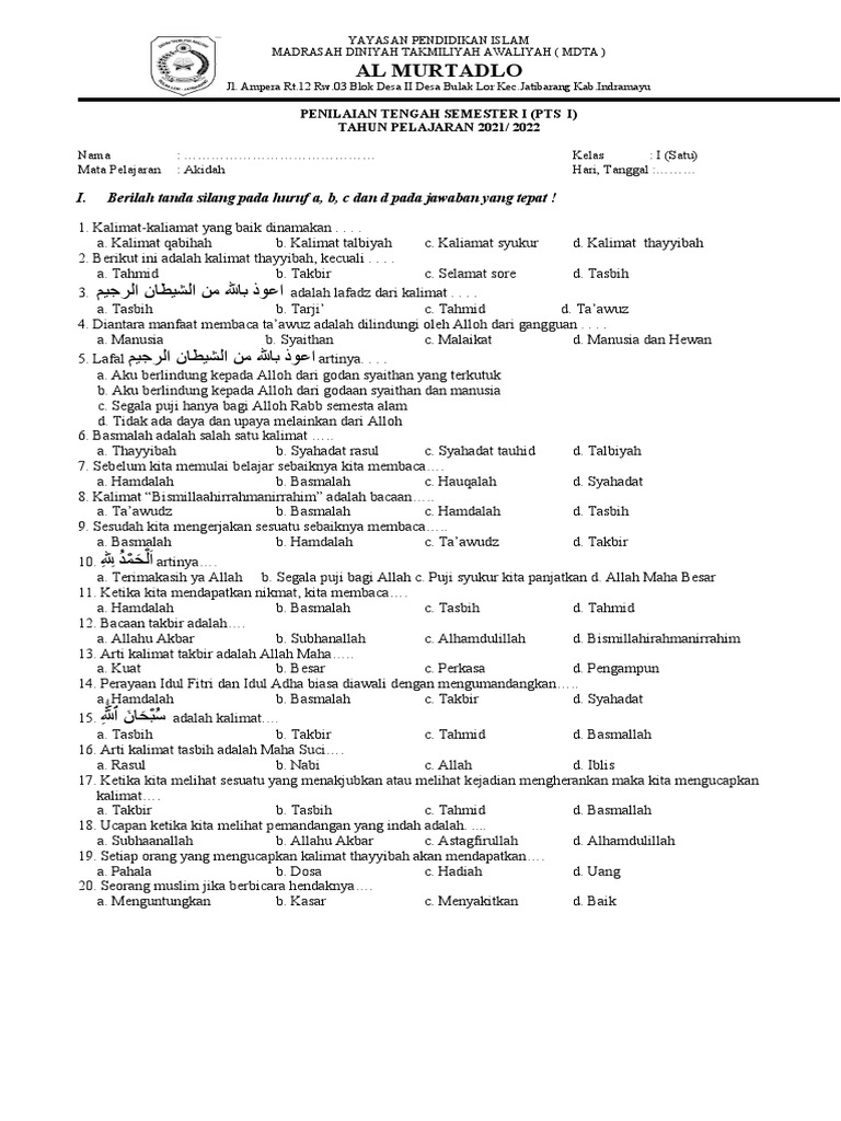 Soal PTS Akidah Kelas I MDTA | PDF