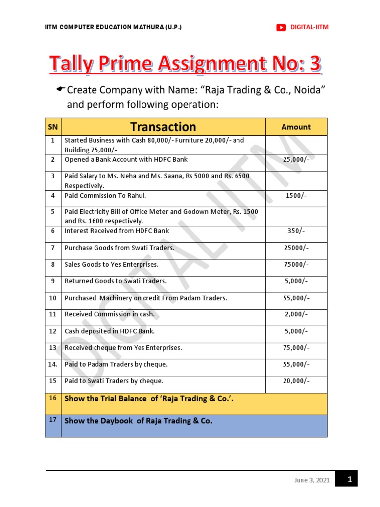Tally Prime Assignment 3 With Trail Balance | PDF