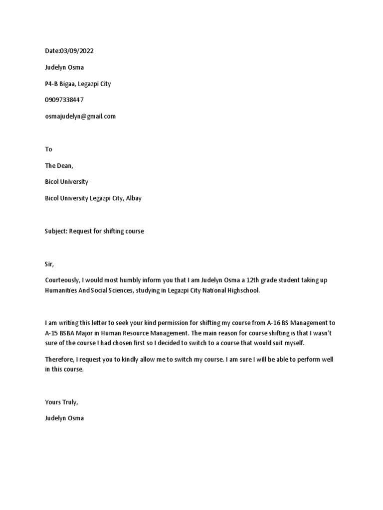 Formal Request For Course Shifting - Bu | PDF