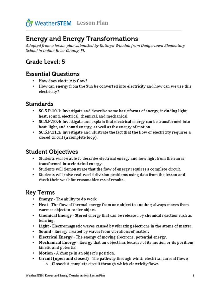 Energy and Energy Transformations: Grade Level: 5 Essential Questions ...