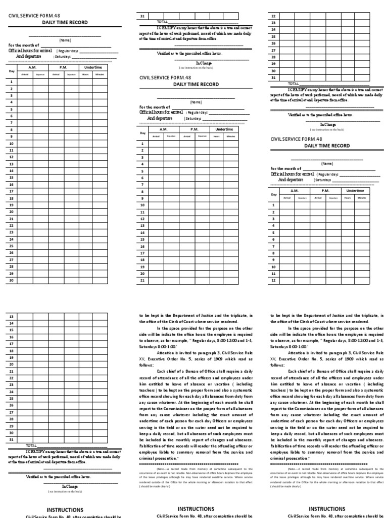 Daily Time Record: Civil Service Form.48 | PDF | Judge | Social ...