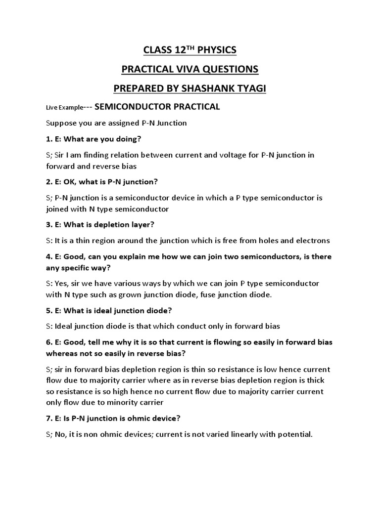Viva Questions Class 12th Physics | PDF | P–N Junction | Diode