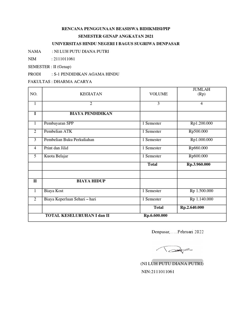 Rencana Penggunaan Beasiswa Bidikmisi | PDF