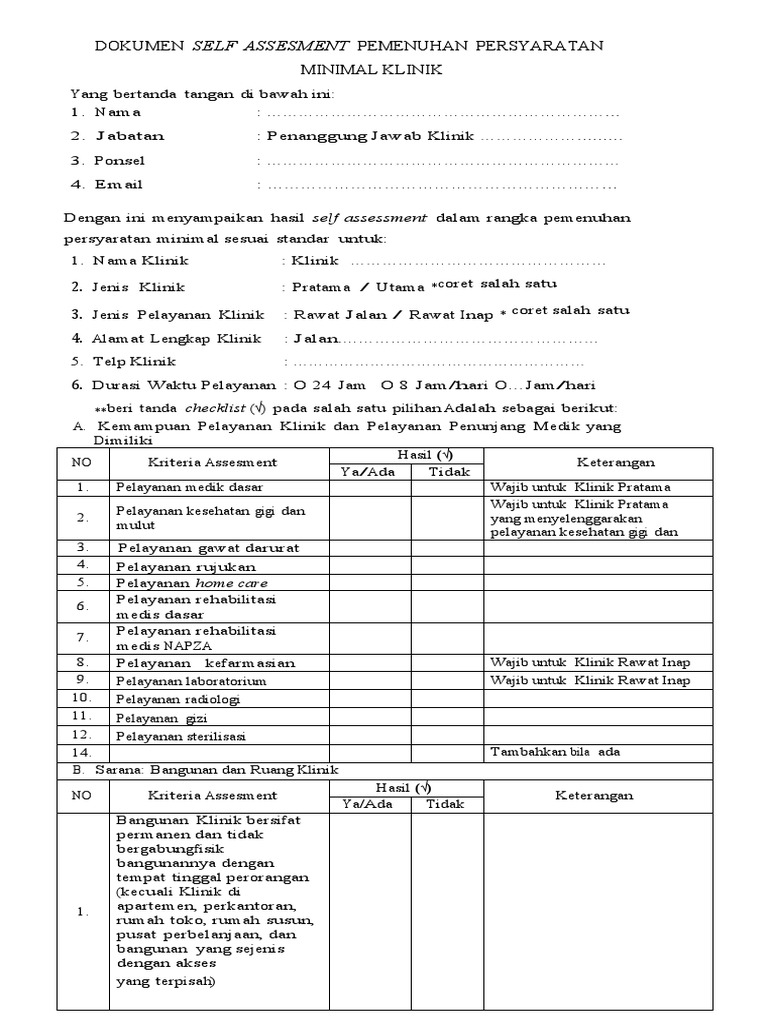 Self Assessment Klinik: Persyaratan Minimal | PDF