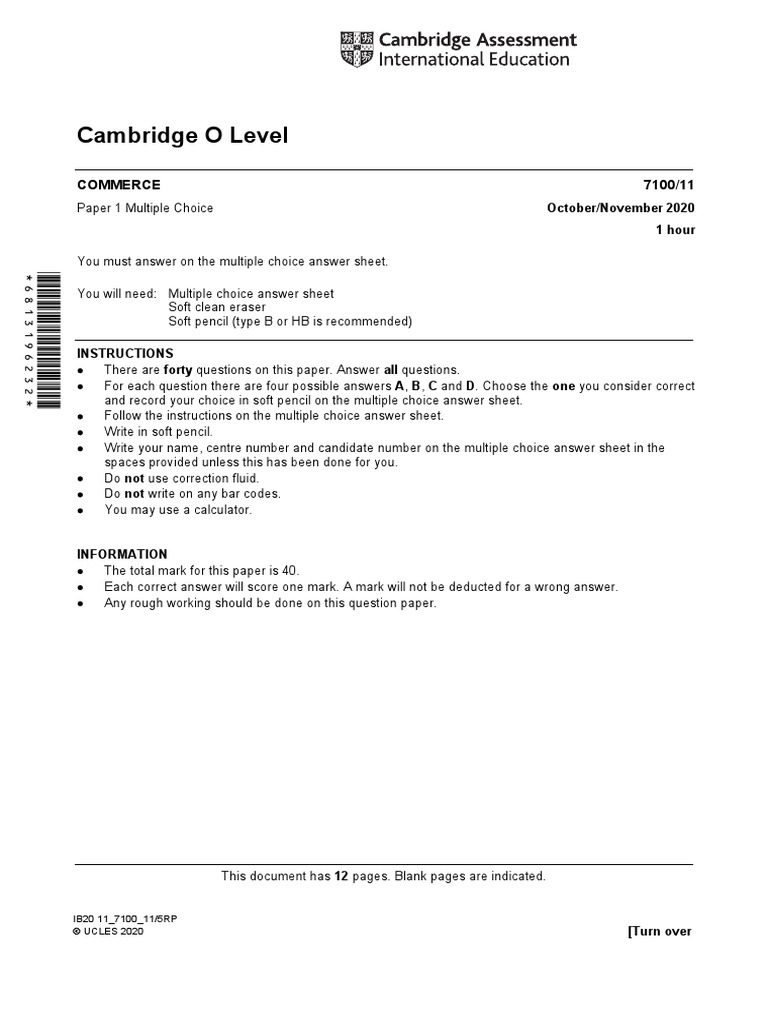 Cambridge O Level: Commerce 7100/11 | PDF | Retail | Multiple Choice