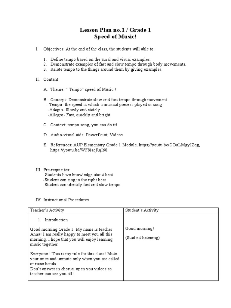 Lesson Plan No.1 / Grade 1 Speed of Music! | PDF | Tempo | Cognition
