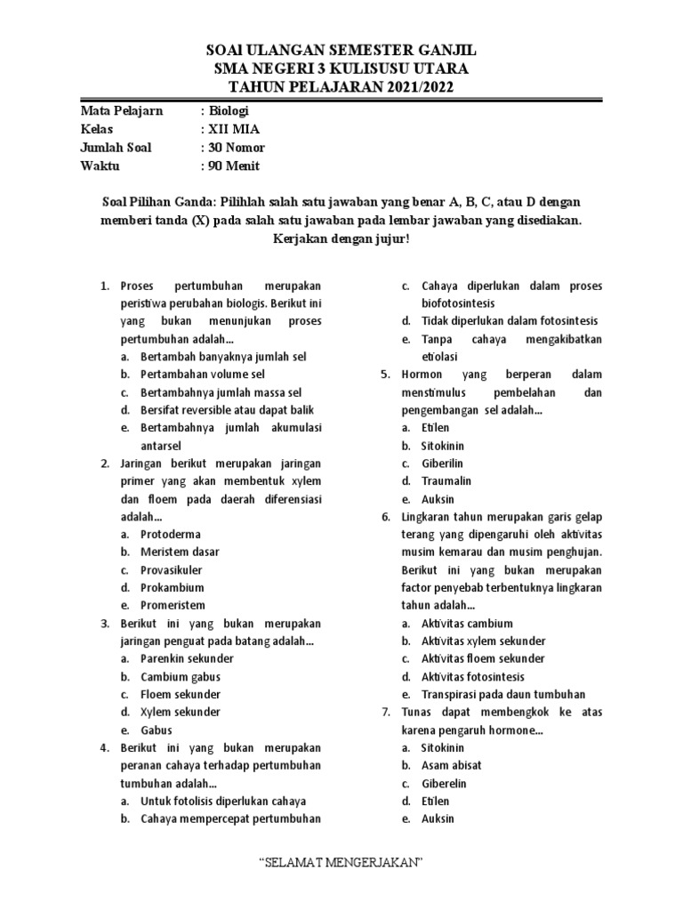 Soal Ulangan Biologi Semester Ganjil Kelas XII | PDF
