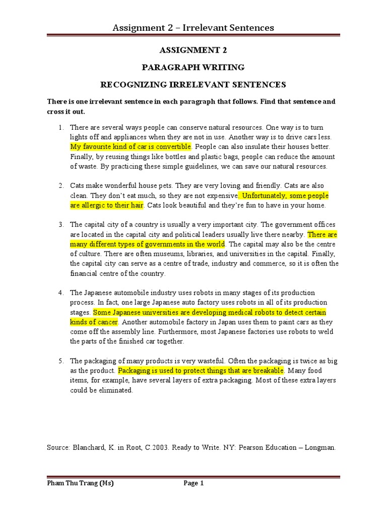 Assignment 2 Paragraph Writing Recognizing Irrelevant Sentences | PDF