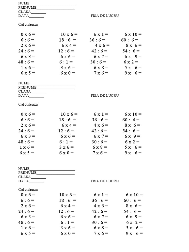 Test Inmultire Si Impartire Cu 6 | PDF