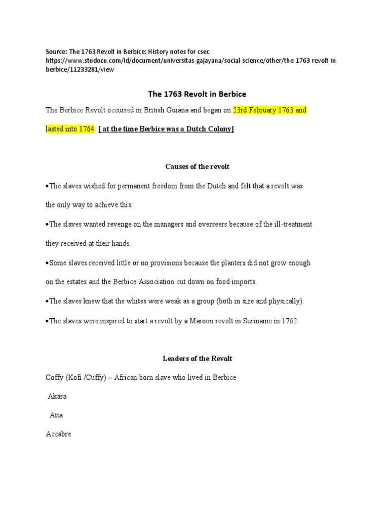Berbice 1763 Revolt | PDF | Slavery