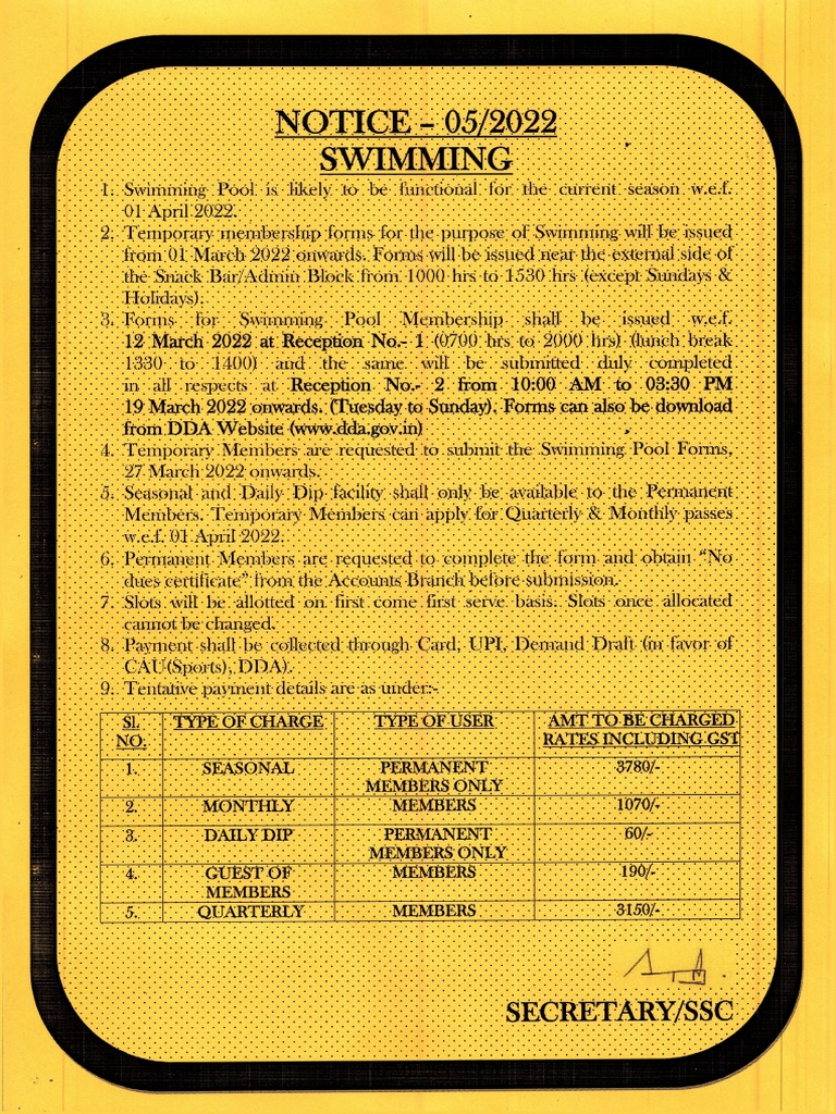 NOTICE - Swimming Pool, Opening of Complex | PDF
