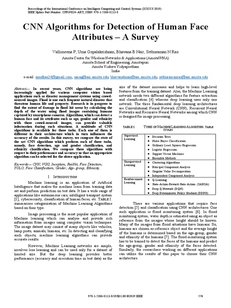 CNN Algorithms For Detection of Human Face Attributes - A Survey | PDF ...