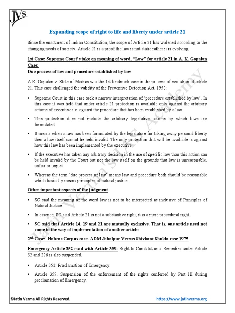 Expanding Scope of Right To Life and Liberty Under Article 21 | PDF ...