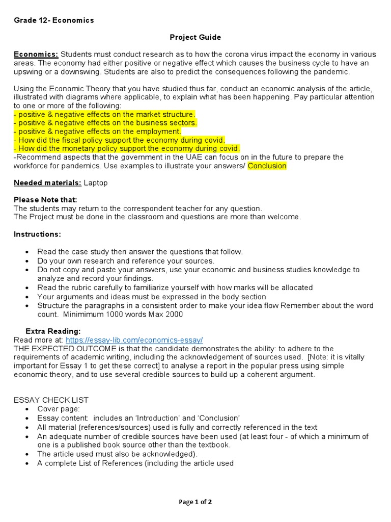 Grade 12-Economics Project Guide Economics: Students Must Conduct ...