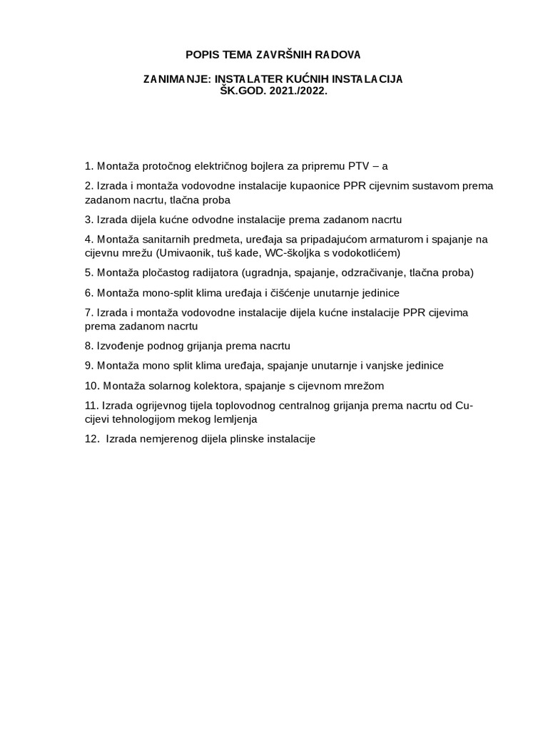 Popis Tema Završnih Radova 2021.-2022. | PDF