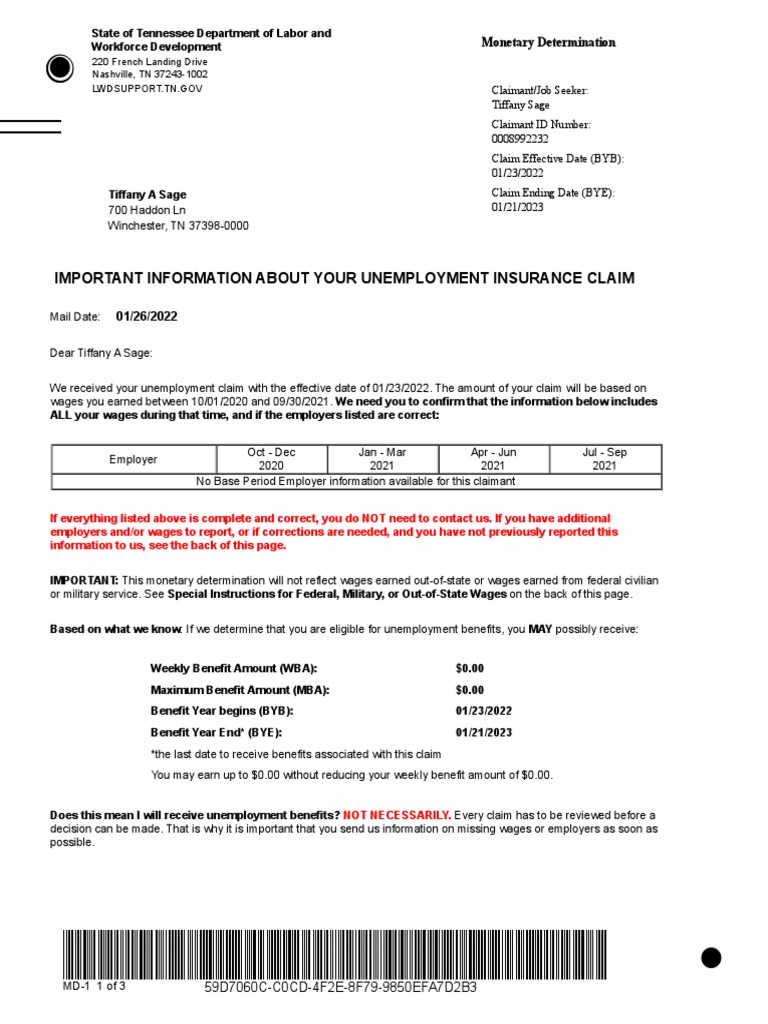 Tennessee Unemployment Claim Notice | PDF | Employment | Unemployment ...