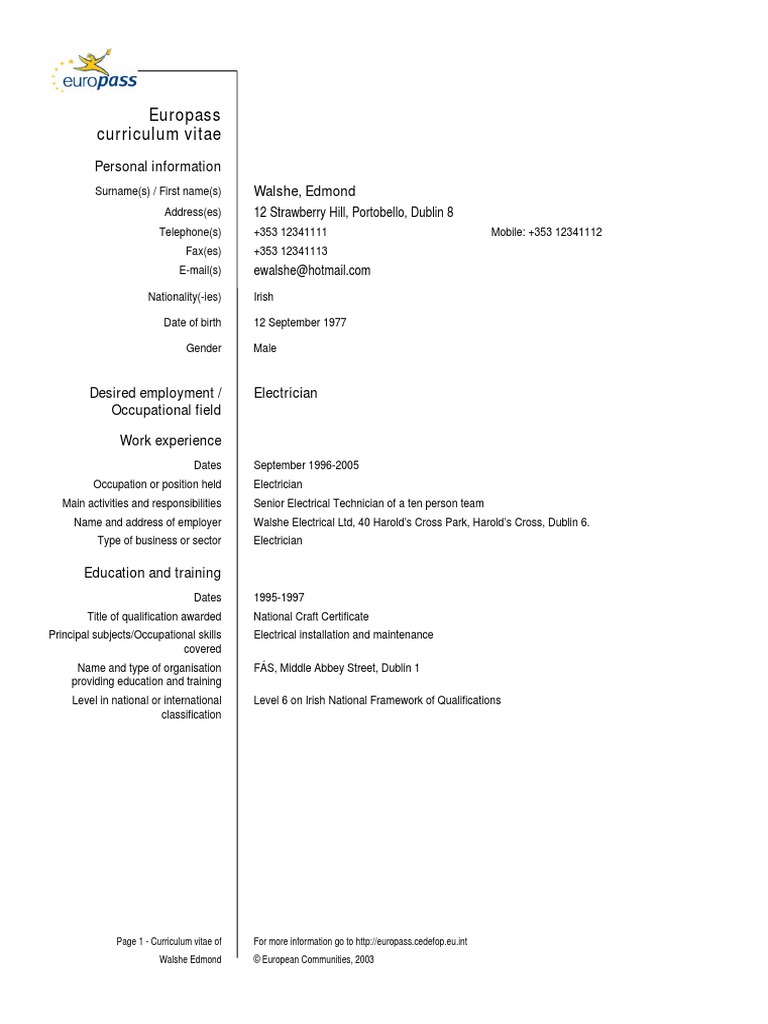 Europass Curriculum Vitae: Personal Information Walshe, Edmond | PDF ...
