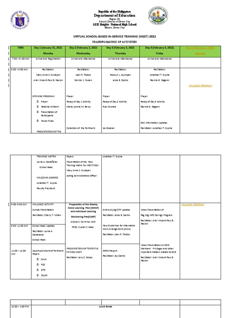 INSET 2022 Training Schedule Overview | PDF