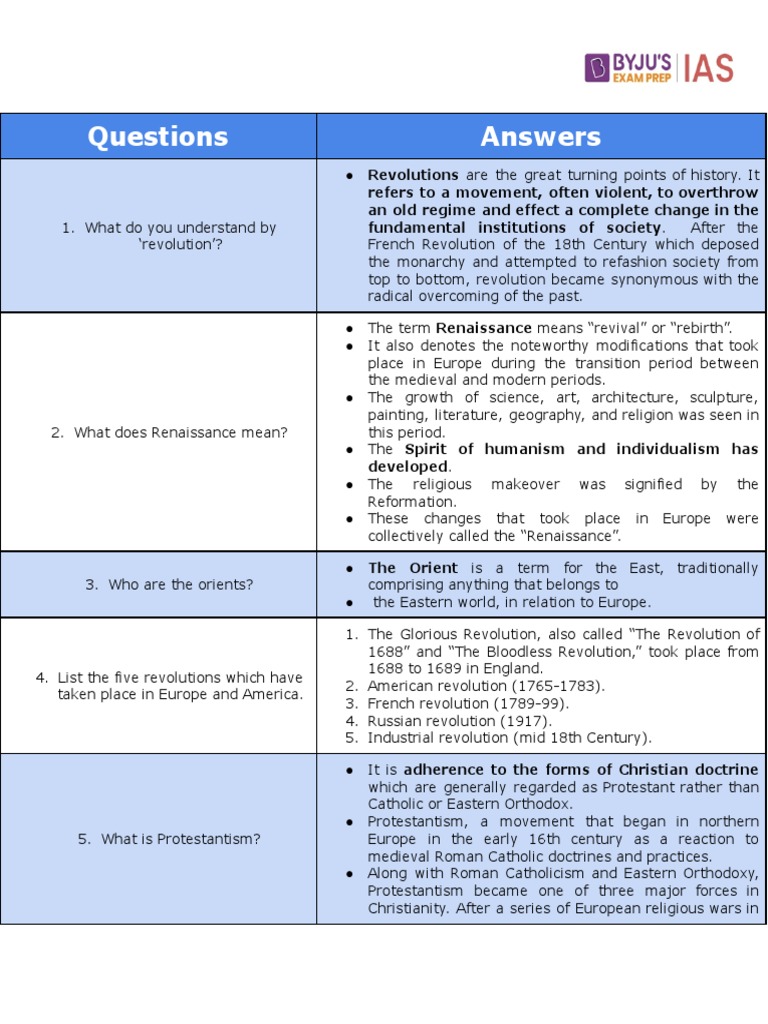 Questions Answers | PDF | Protestantism | Peasant