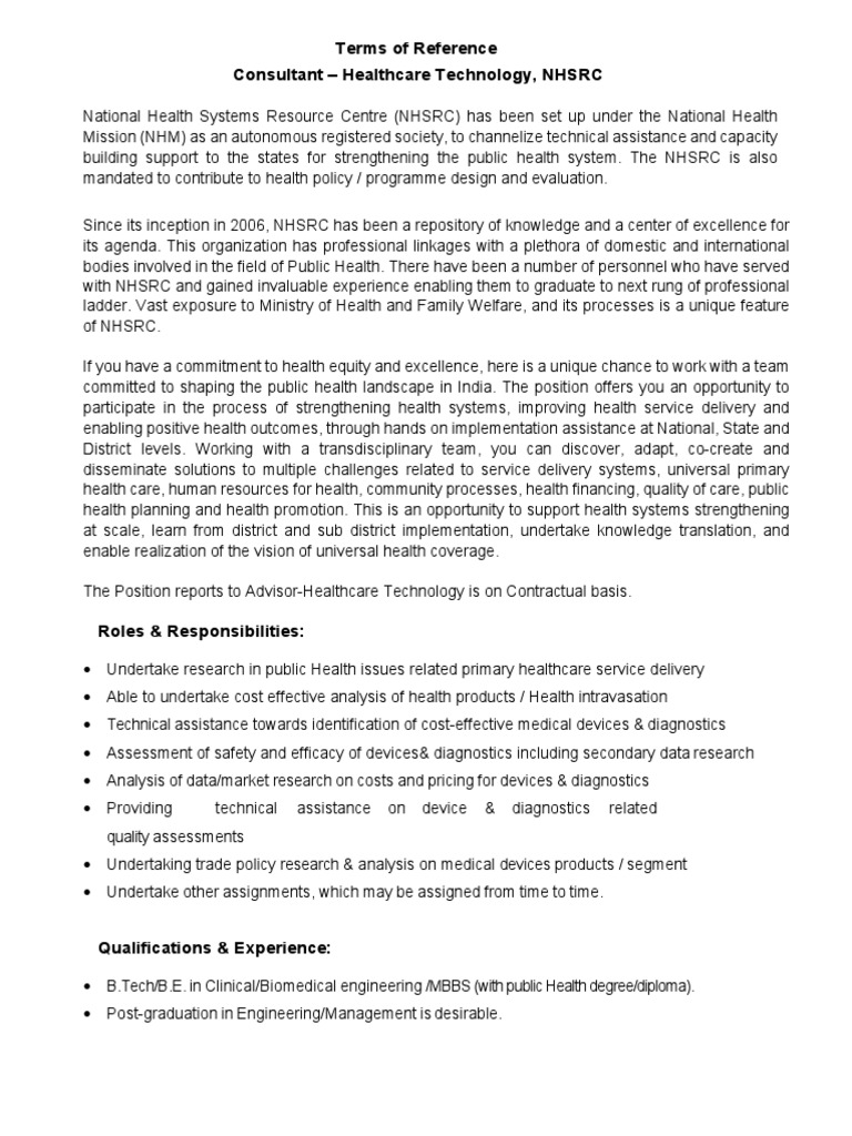 ToR - Consultant - Healthcare Technology, NHSRC | PDF | Health System ...