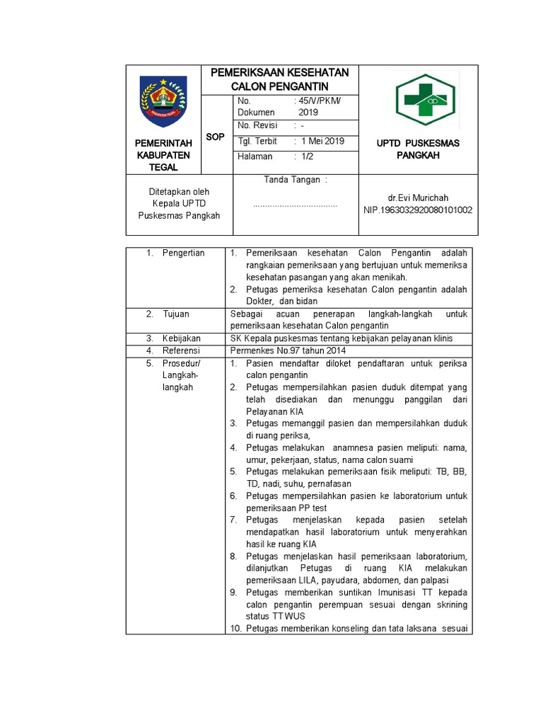 SOP Pemeriksaan Kesehatan Calon Pengantin | PDF