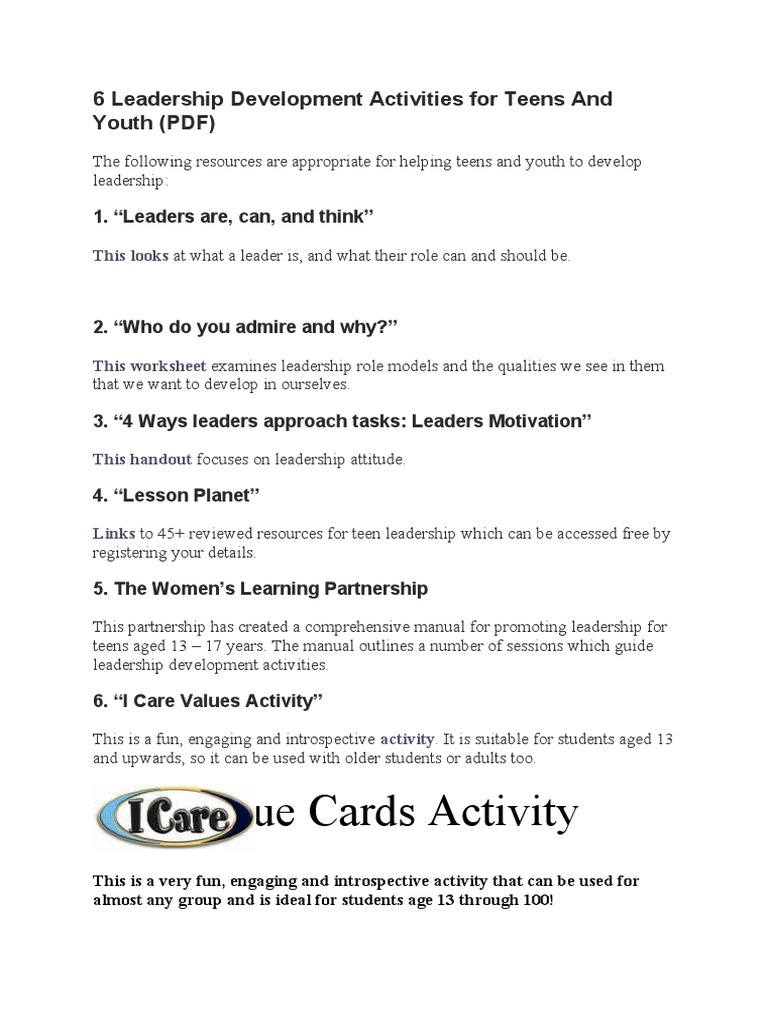 Teen Leadership Activities Guide | PDF | Leadership | Cognition