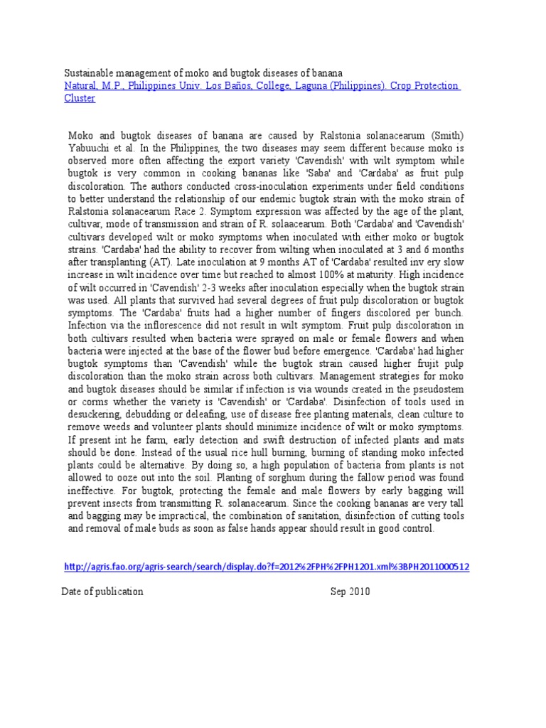 Sustainable Management of Moko and Bugtok Diseases of Banana | PDF