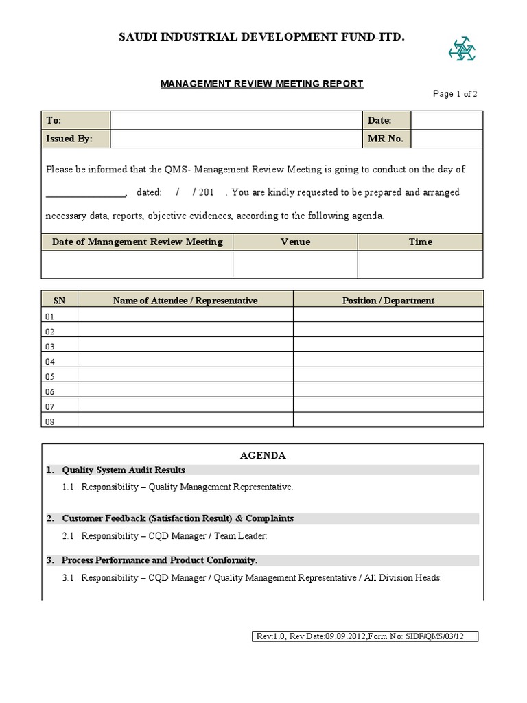 Template - Management Review Agenda | PDF | Quality Management System ...