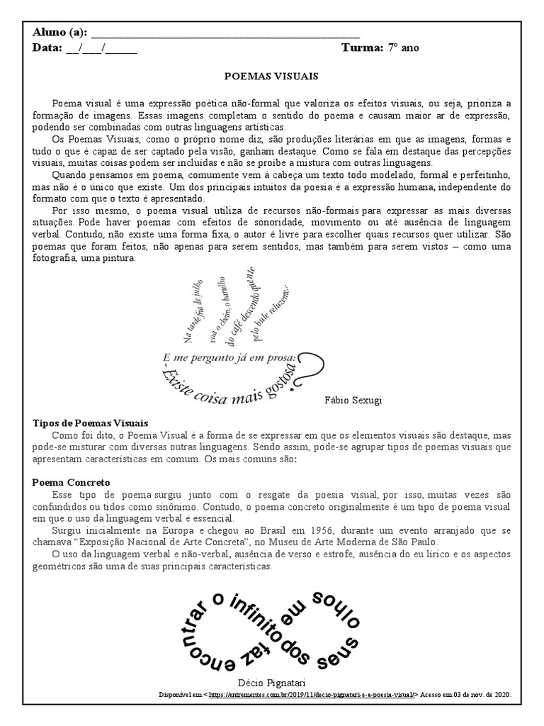 Aula 4 7º Lp Gênero Poemas Visuais Efeitos De Sentido Professor