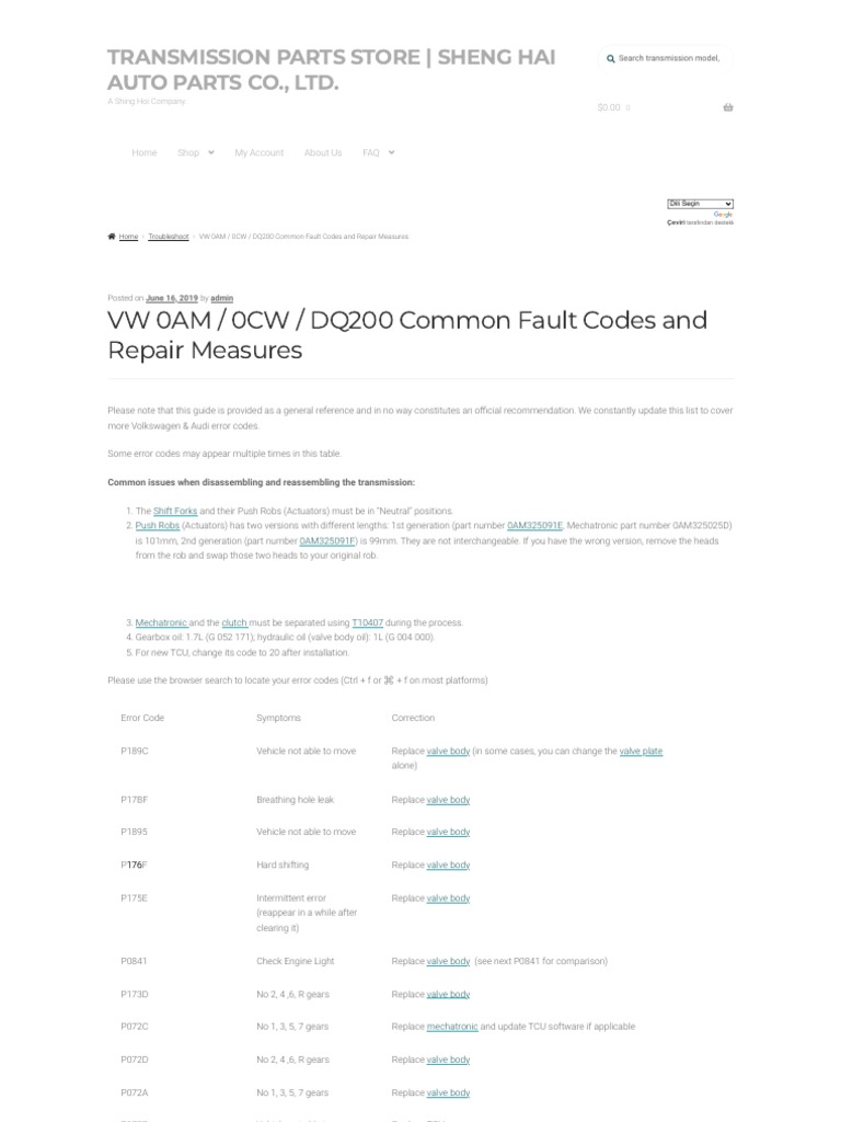 VW 0AM 0CW DQ200 Common Fault Codes and Repair Measures | PDF ...