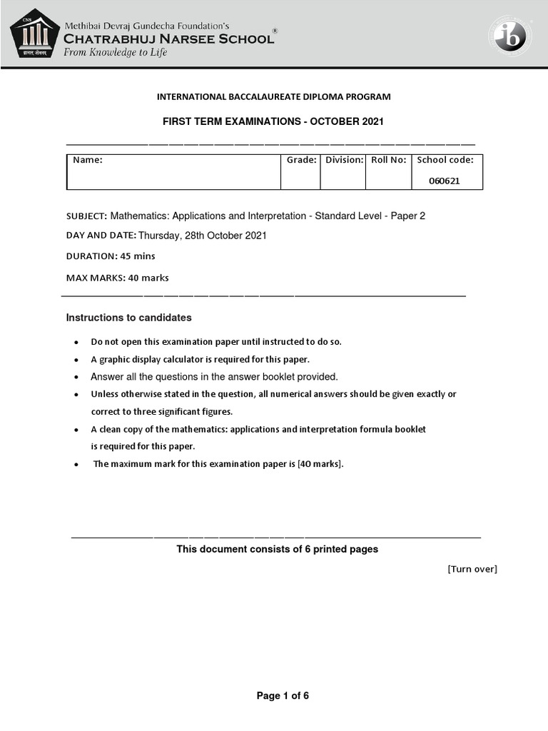 MATH AI SL P2 Gr11 Term1 QP (2021) | PDF