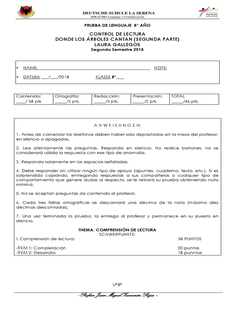 Prueba Donde Los Árboles Cantan Segunda Parte | PDF