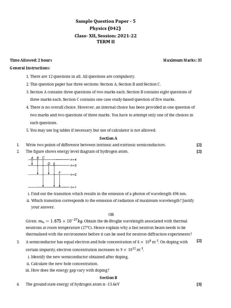 Physics Sample Question Paper | PDF | Atomic Nucleus | Photon