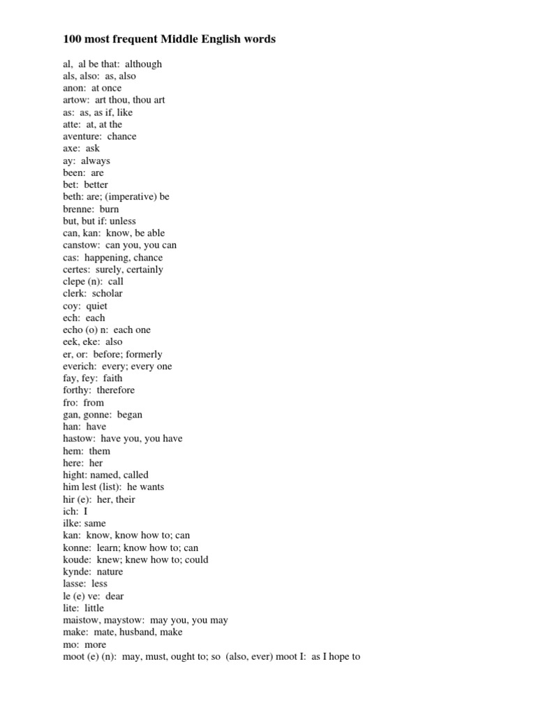 Top 100 most common Middle English words | PDF