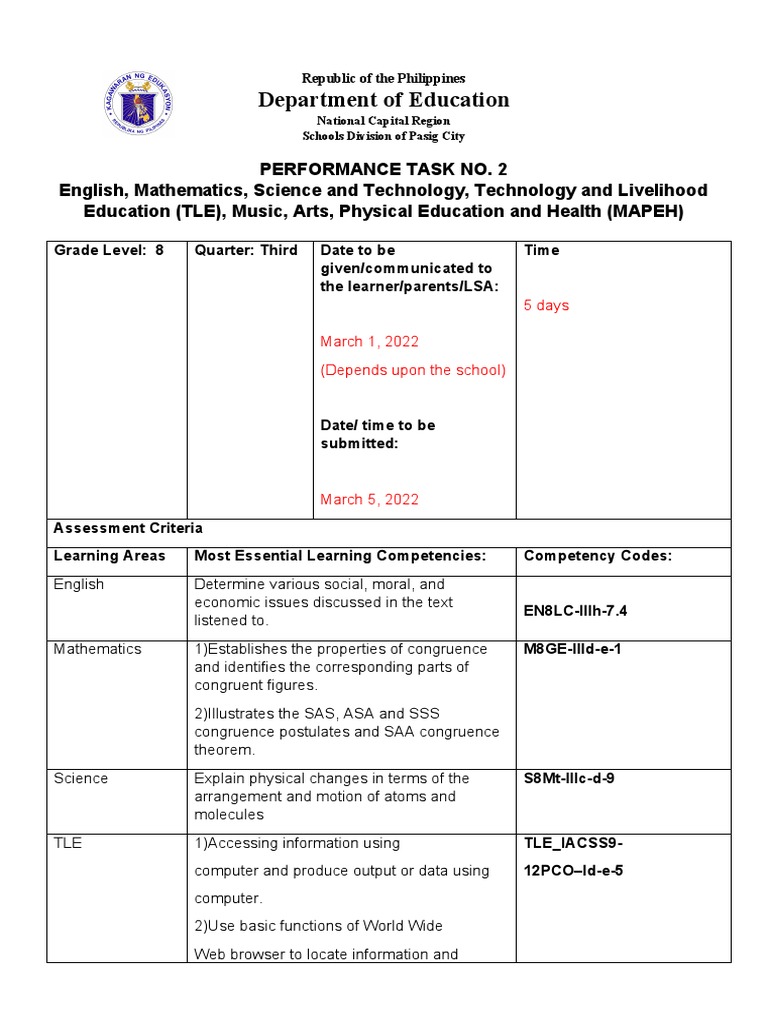 Grade 8 Performance Task Guide | PDF | Mathematics | Learning
