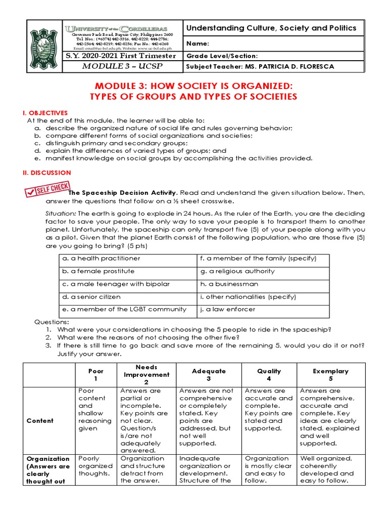 Module 3 UCSP: HOW SOCIETY IS ORGANIZED: TYPES OF GROUPS AND TYPES OF ...