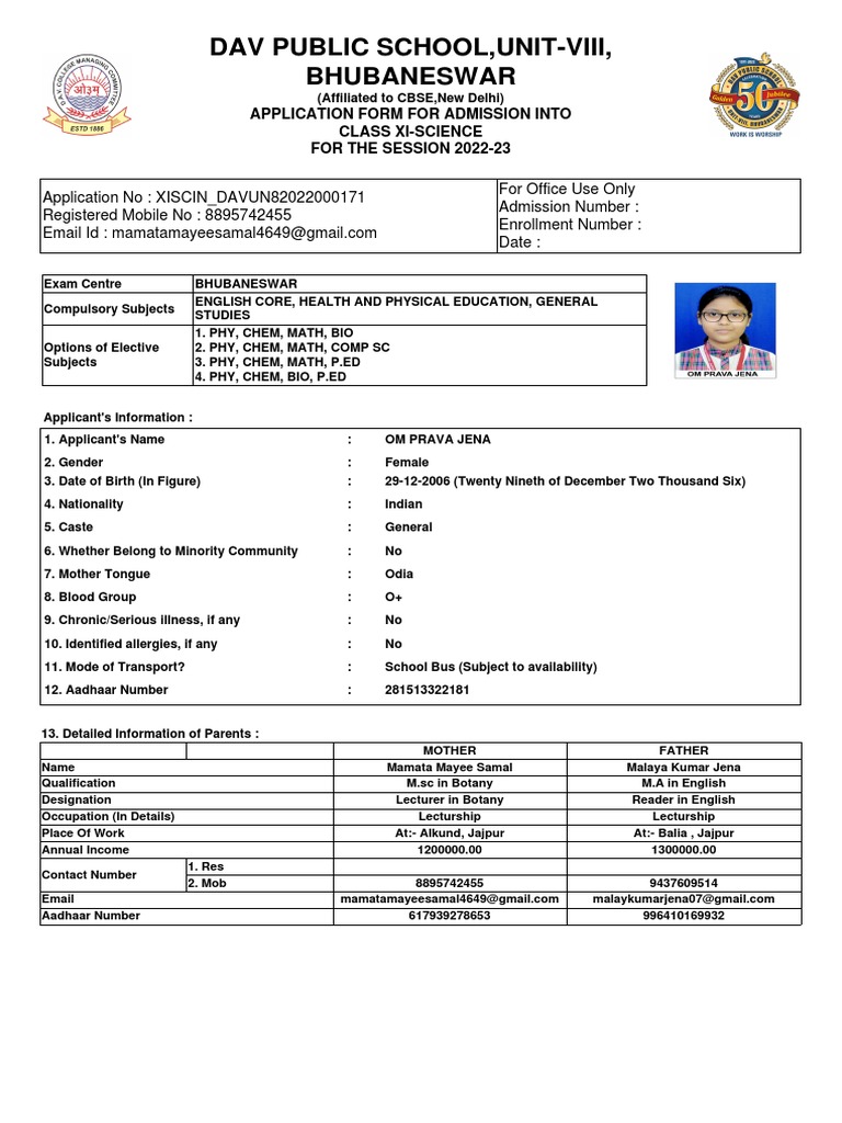 Dav Public School, Unit-Viii, Bhubaneswar: Application Form For ...