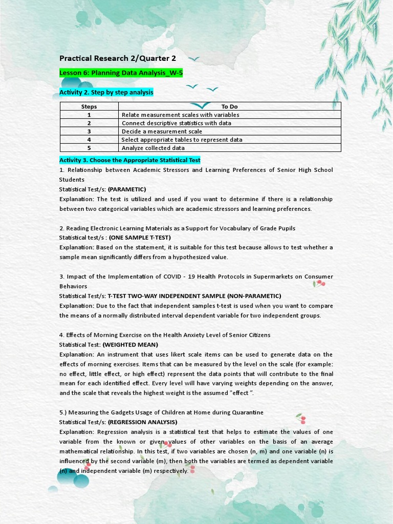 Practical Research 2/quarter 2: Lesson 6: Planning Data Analysis - W-5 ...